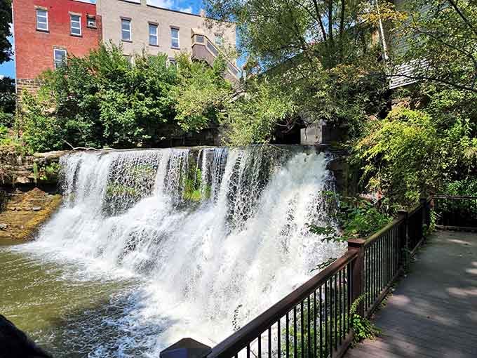 The falls command attention from every angle, reminding downtown visitors that water always steals the show.