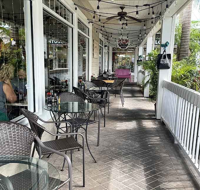 String lights and outdoor seating create the perfect spot to pretend you're in a coastal village instead of sunny Florida.