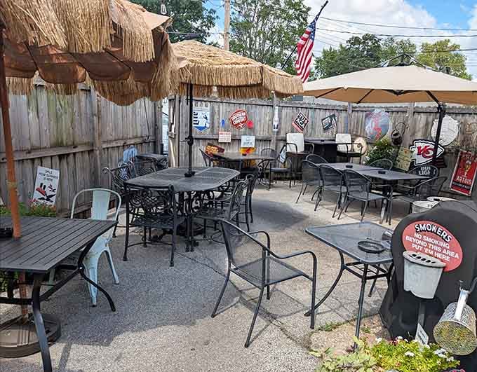 The patio offers fresh air and tiki vibes, perfect for recovering from your indoor food adventure.