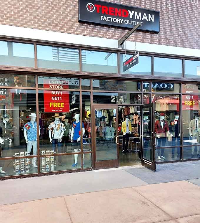 Bold window displays promise trendy finds at factory prices, where fashion-forward meets budget-conscious in perfect harmony and understanding.