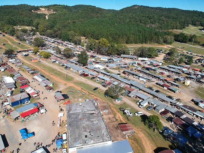 An aerial view revealing the market's impressive sprawl, proving this Alabama gem is far bigger than most people ever imagined.