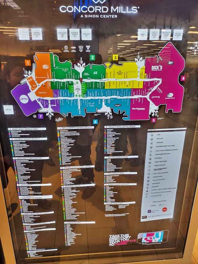 This colorful directory map transforms a massive shopping oval into a treasure hunt you can actually win.
