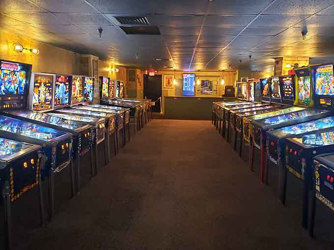 A pinball machine hallway so perfectly aligned it looks like a retro gamer's fever dream come gloriously to life.
