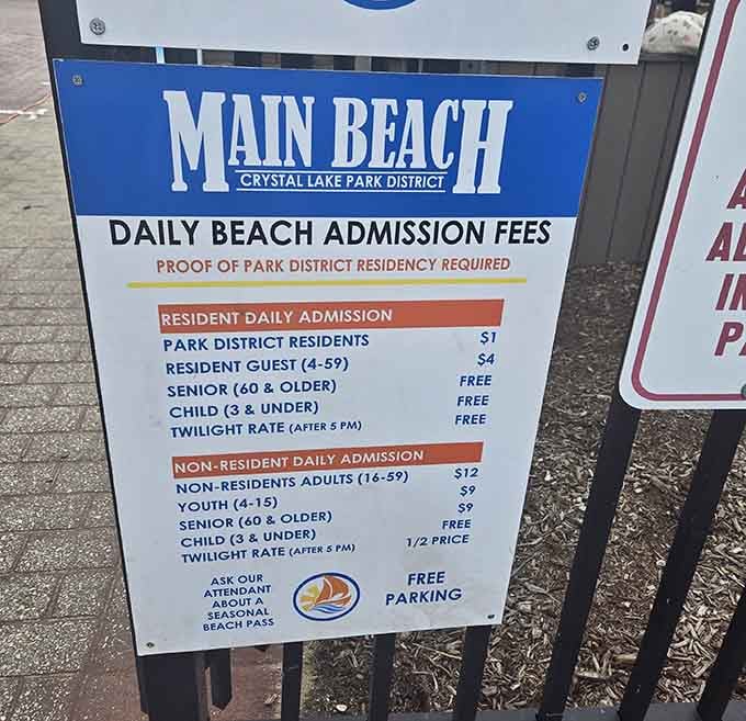 Admission fees posted clearly show this quality beach experience won't require taking out a second mortgage beforehand.