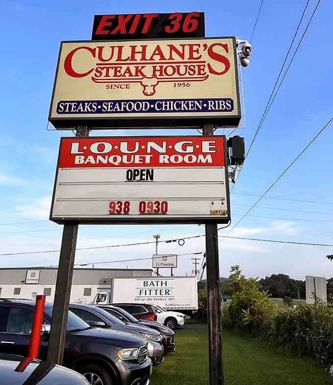 That vintage sign pointing to Exit 36 has been guiding hungry travelers to steak heaven since 1956.