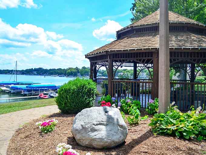A classic gazebo overlooking the water provides the perfect spot for proposals, picnics, or just peaceful people-watching.