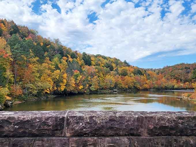 Fall foliage reflects perfectly in the calm river waters, doubling your visual pleasure like nature's own two-for-one special.
