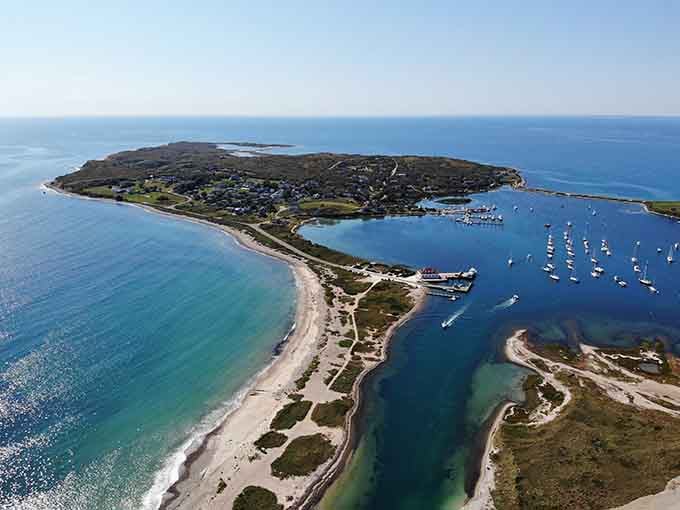 From above, the island looks like someone's perfect watercolor painting of coastal New England dreams.