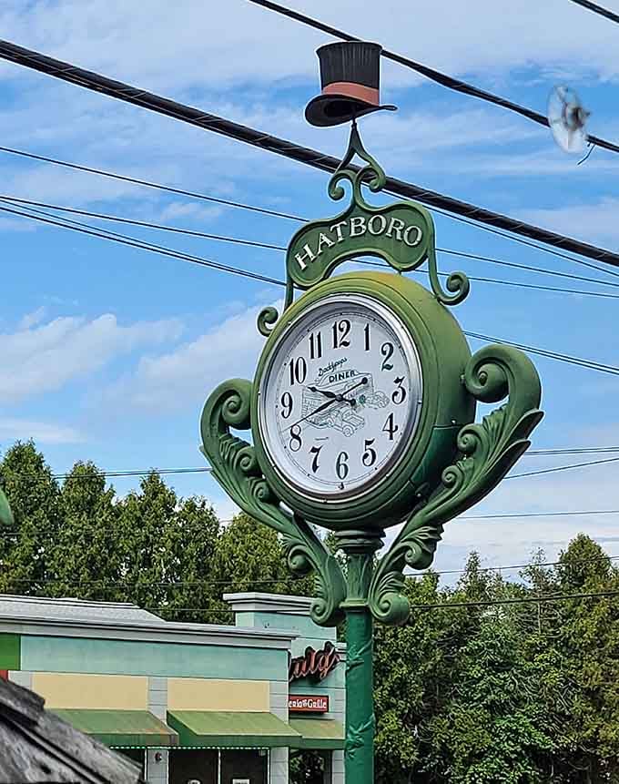 The ornate Hatboro street clock stands guard outside, marking time while breakfast perfection happens inside daily.