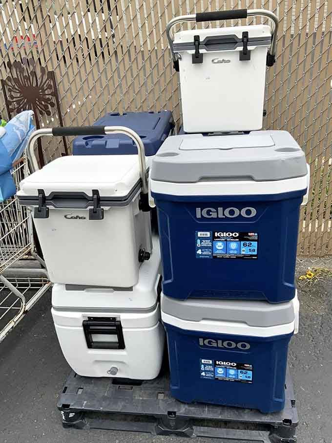 Igloo coolers stacked and ready to keep your beverages cold and your outdoor adventures properly equipped all summer long.