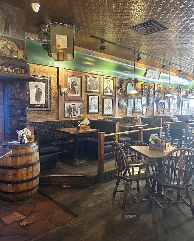 Barrel tables and wooden chairs create cozy corners where conversations flow as smoothly as the drinks.