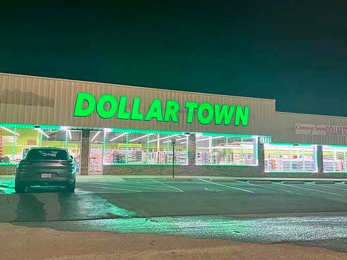 Dollar Town glowing like a beacon in the night, calling budget-conscious shoppers home to savings.