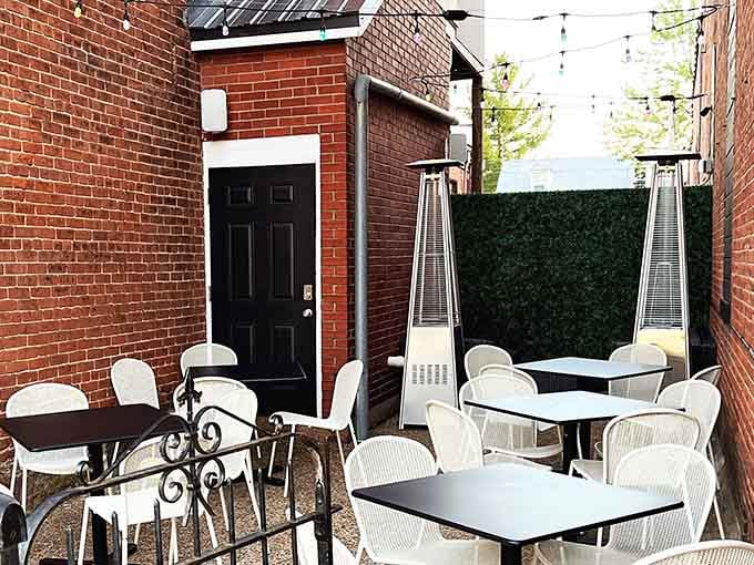Outdoor seating with heat lamps means the tropical vibes continue even when Missouri weather gets moody.