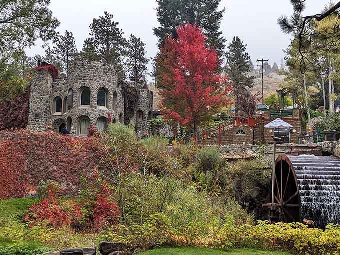 Autumn colors frame the stone facade perfectly, proving this castle looks magical in every season the Rockies can throw at it.