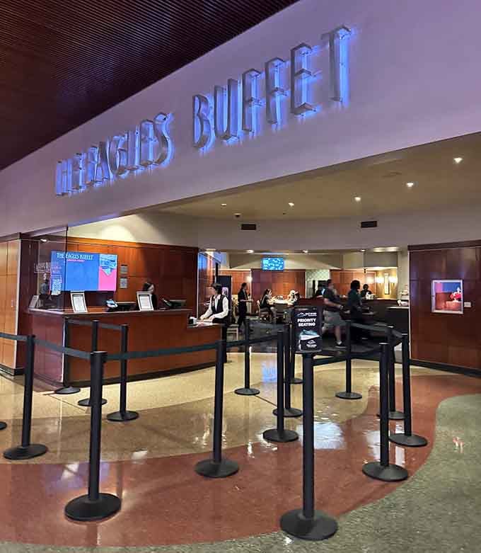 The Eagles Buffet entrance stands ready to welcome your appetite and test your self-control limits today.