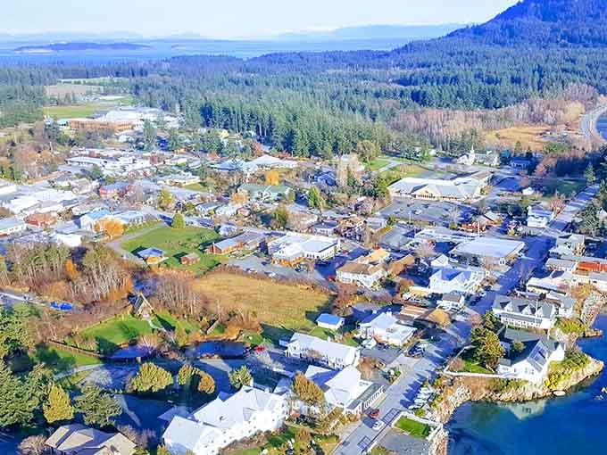 From above, Eastsound looks like someone carefully arranged a perfect village between mountains and water just for you.