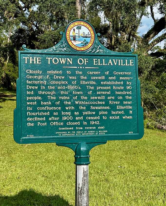 This historical marker tells Ellaville's official story, from sawmill boom town to the ghost town that captivates visitors today.