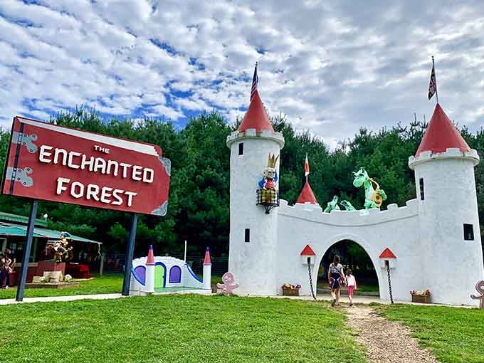 The Enchanted Forest entrance looks like childhood nostalgia got a fresh coat of paint and decided to stick around for another generation.