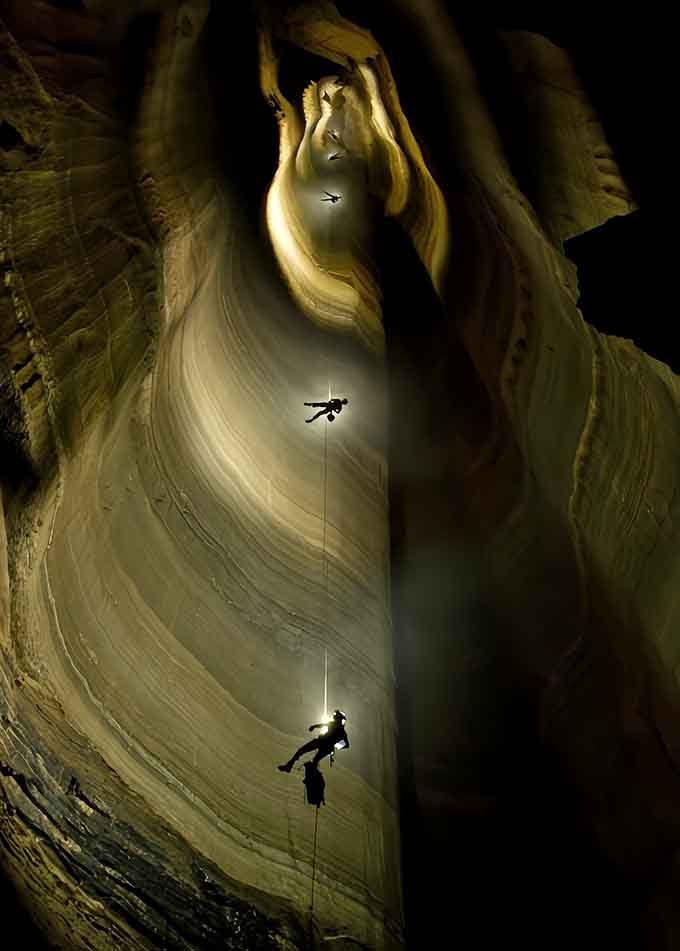 Watching cavers descend into Fantastic Pit makes skydiving look like a casual stroll through the park.