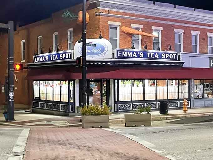 Even at night, Emma's Tea Spot beckons like a beacon of civilization in Canton, promising warmth and wonderful tea within.