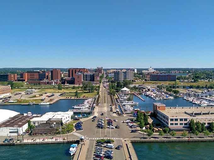 From above, Erie's marina and downtown blend seamlessly, showing off why lakeside living beats landlocked existence every time.