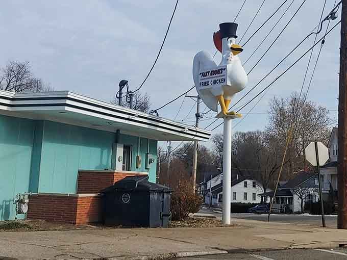 That dapper chicken mascot perched up high makes sure you'll never drive past this place without noticing it.