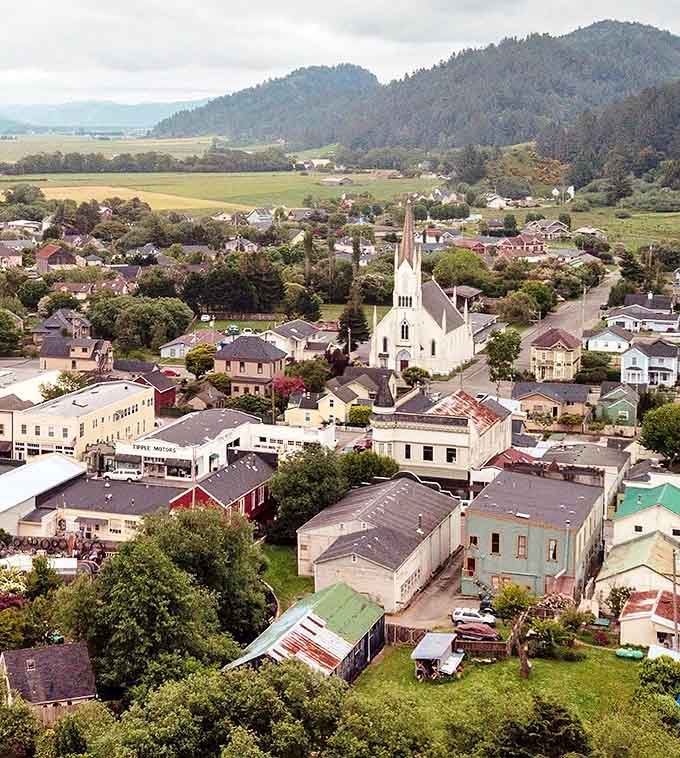 From above, Ferndale looks like a toy village someone carefully arranged in California's greenest valley.