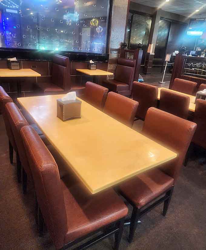 Booth seating that invites you to settle in for the long haul, because rushing through a buffet is missing the point.