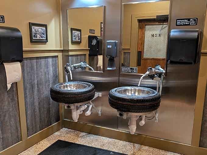 Bathroom sinks made from actual tires prove this place commits to the theme in ways you never expected.