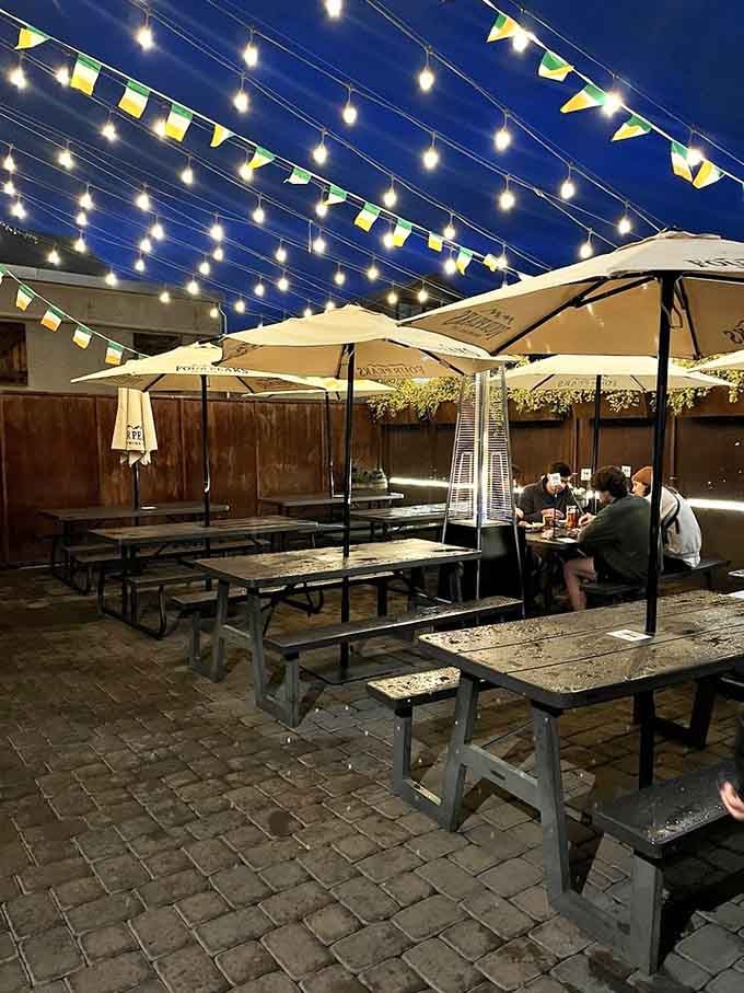 The patio at twilight, strung with lights and filled with possibilities, where the only spirits are probably in your glass.