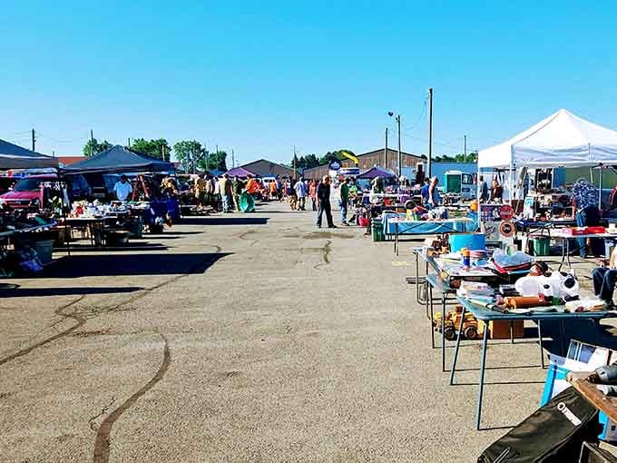 The outdoor market sprawls under sunny skies, where vendors and shoppers create a bustling community every single weekend.