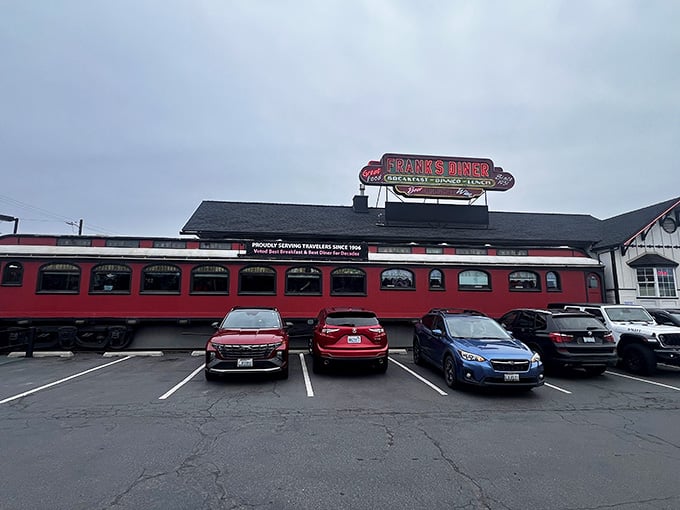 The exterior at dusk reminds you that some places are worth waiting for, no matter what time you arrive.