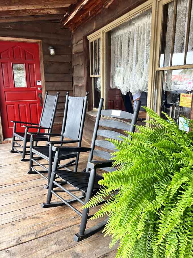Rocking chairs on an actual front porch, because the name isn't just clever marketing, it's a literal promise kept.