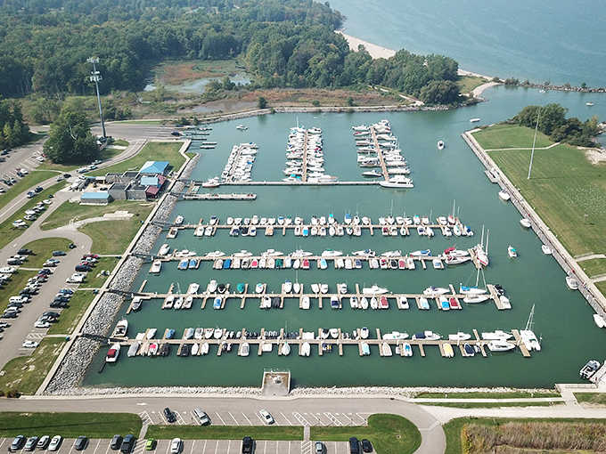From above, the marina's organized chaos reveals hundreds of boats nestled safely in their aquatic neighborhood.