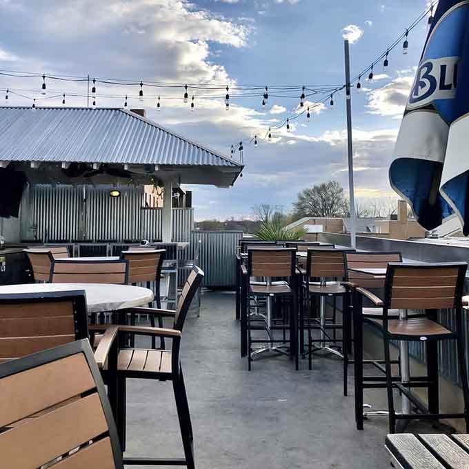 The rooftop patio offers fresh air and string lights for those who prefer alfresco dining.