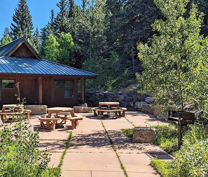 Outdoor seating where the entertainment is mountains and trees&mdash;no cover charge, no drink minimum required here.