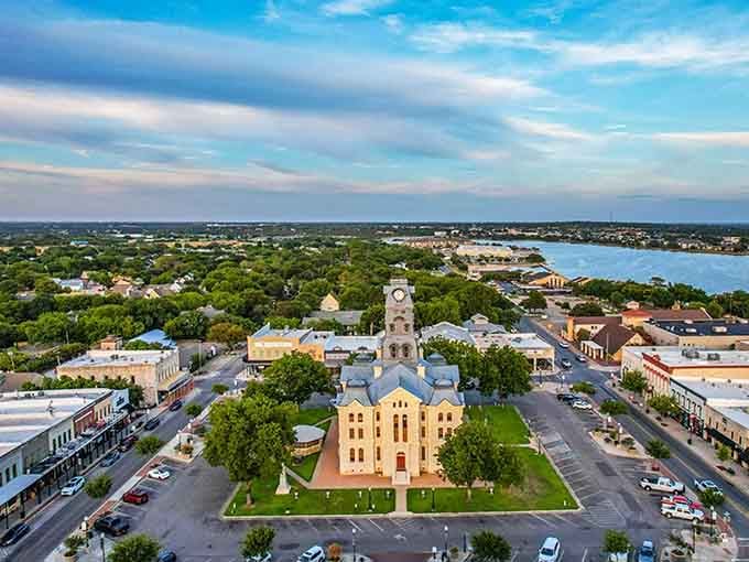 This aerial view reveals Granbury's perfect balance of historic charm, lake access, and actual breathing room.