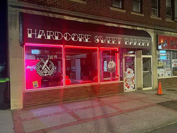 Pink neon glow transforms Main Street into something magical, like a beacon calling all dessert lovers home tonight.