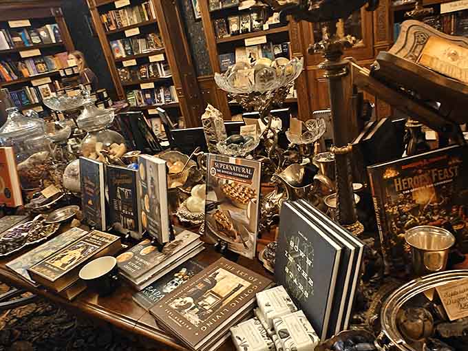 Books, crystals, and curiosities arranged in organized chaos, the kind of treasure hunt that makes you forget time exists.