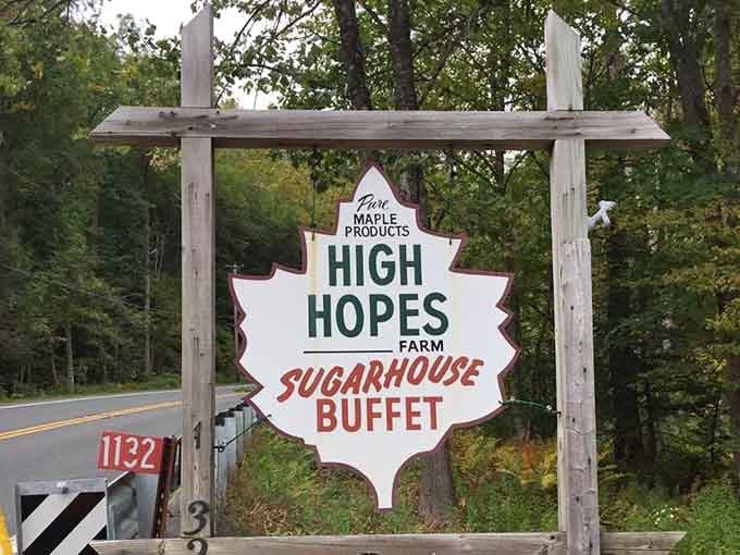 That sign promises pure maple products and a sugarhouse buffet, delivering exactly what it advertises.