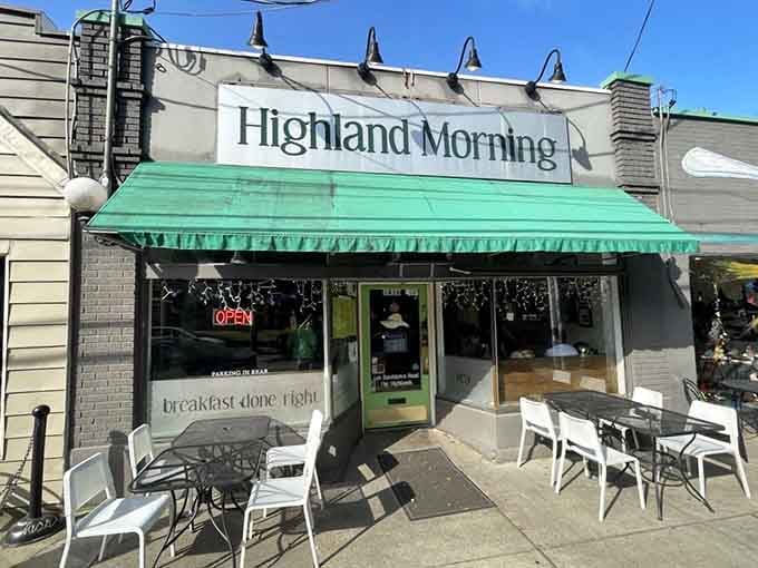 Sidewalk seating under that cheerful awning means you can people-watch while demolishing the best omelet of your life.