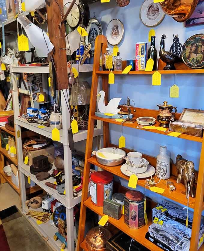 Yellow tags mark potential purchases in this organized jumble where every shelf holds somebody's future favorite discovery.