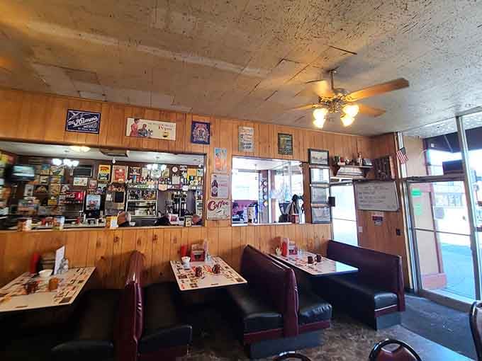 Booth seating under ceiling fans provides the perfect spot for lingering over breakfast like civilized human beings.