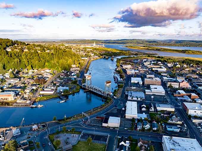 From above, Hoquiam reveals its river-meets-harbor geography, showing why this spot made perfect sense for a town.