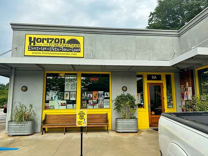 The welcoming exterior promises exactly what it delivers: a genuine record store experience in the heart of Five Points.