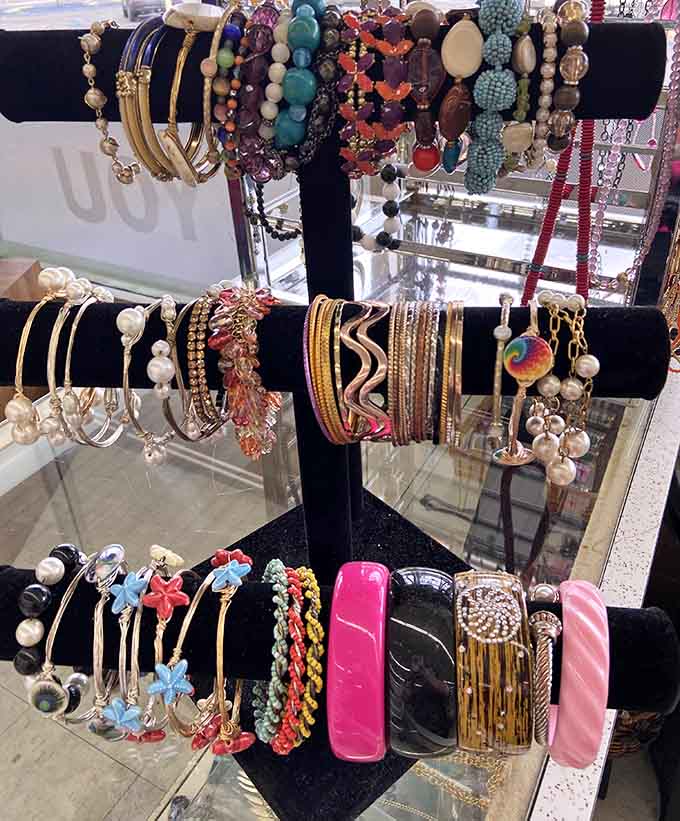 Jewelry displays sparkling with bracelets and accessories that let you experiment with style risk-free at these prices.
