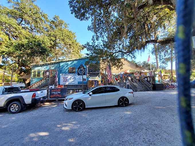 Spanish moss and wooden stairs welcome you to Tybee's most wonderfully weird dining destination.