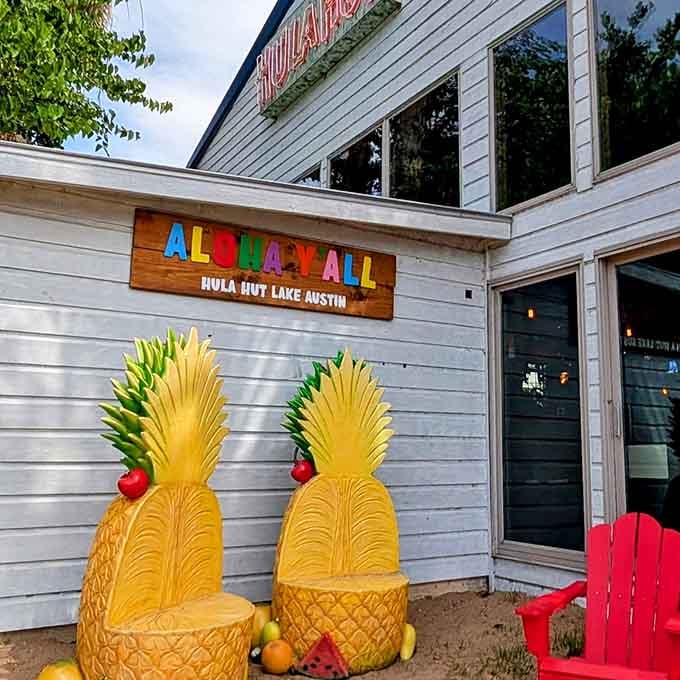Those cheerful pineapple chairs flanking the entrance set the tone for the island adventure awaiting you inside.