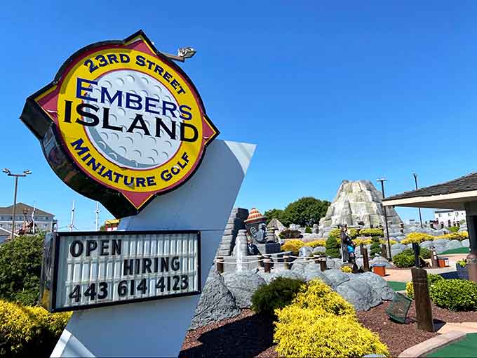 The Embers Island sign welcomes you to what might be Ocean City's most elaborately themed mini golf experience.