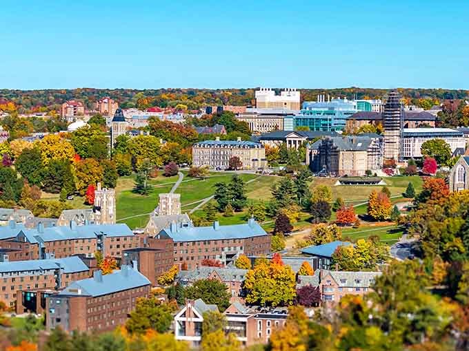 The aerial view reveals Cornell's campus nestled among fall foliage, explaining why students never want to leave after graduation.